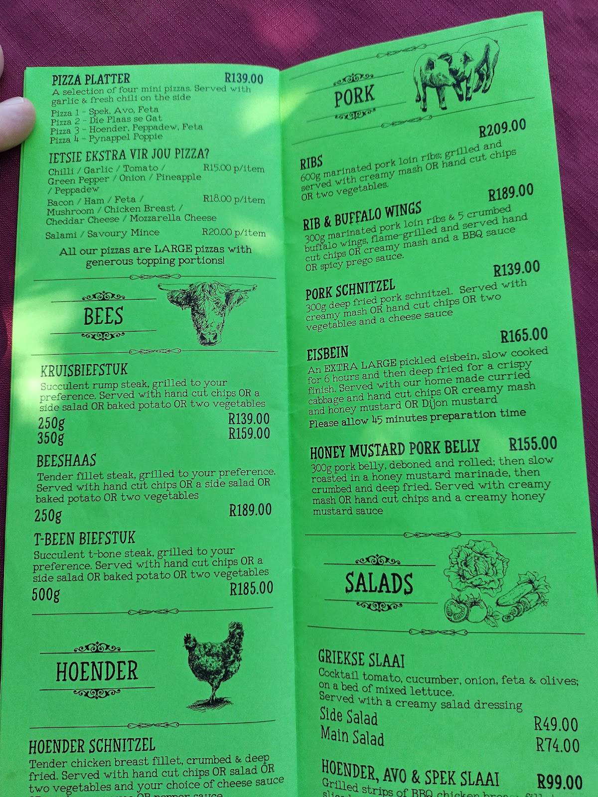 Menu at Die Plaas se Gat Restaurant, Hartbeespoort, Road 4048 R560 ...