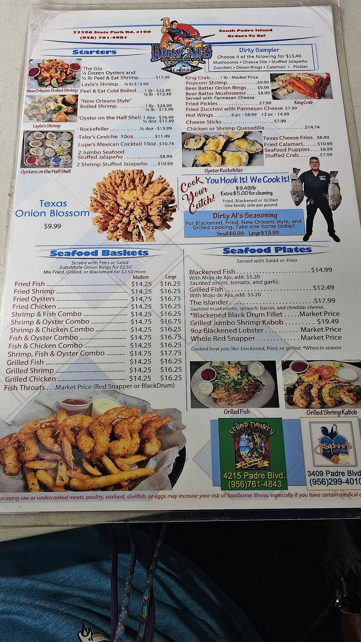 Menu at Dirty Al's restaurant, South Padre Island, State Park Rd 100