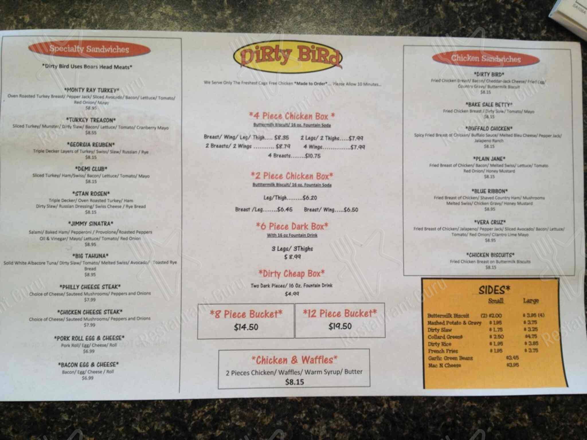Menu at Dirty Bird restaurant, Morgantown