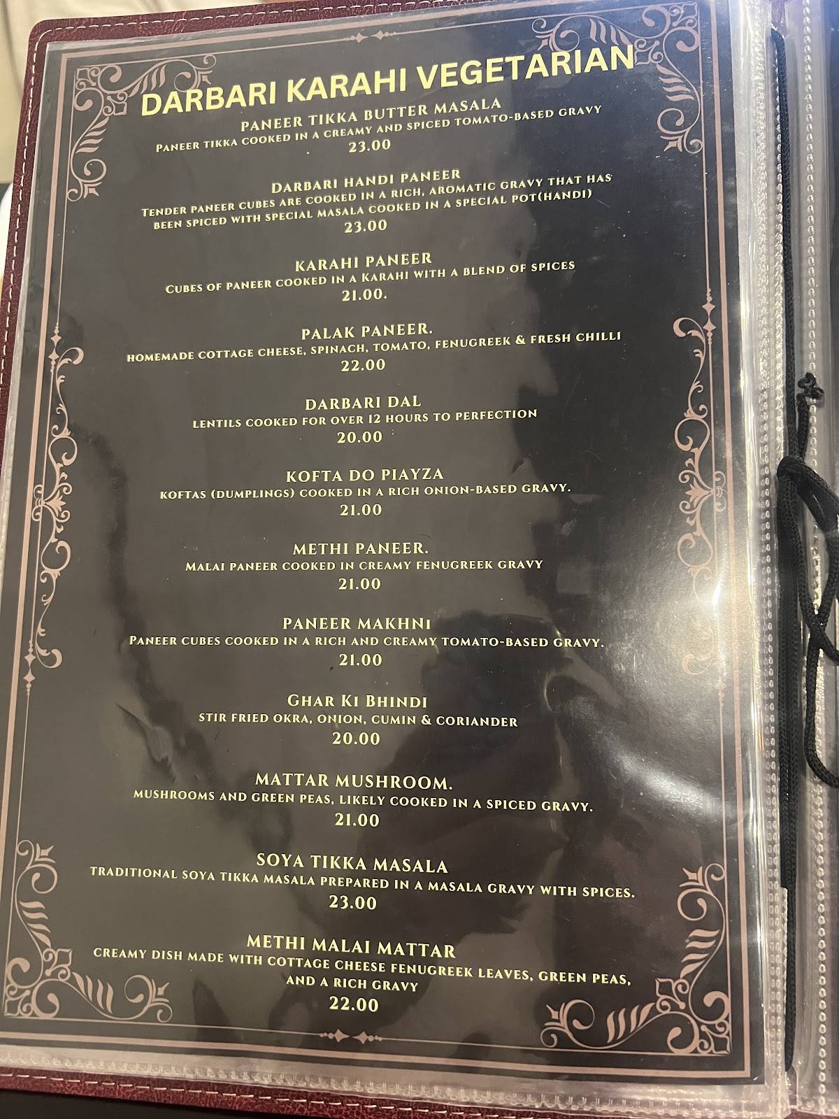 Menu at Divine Darbar, Carlton