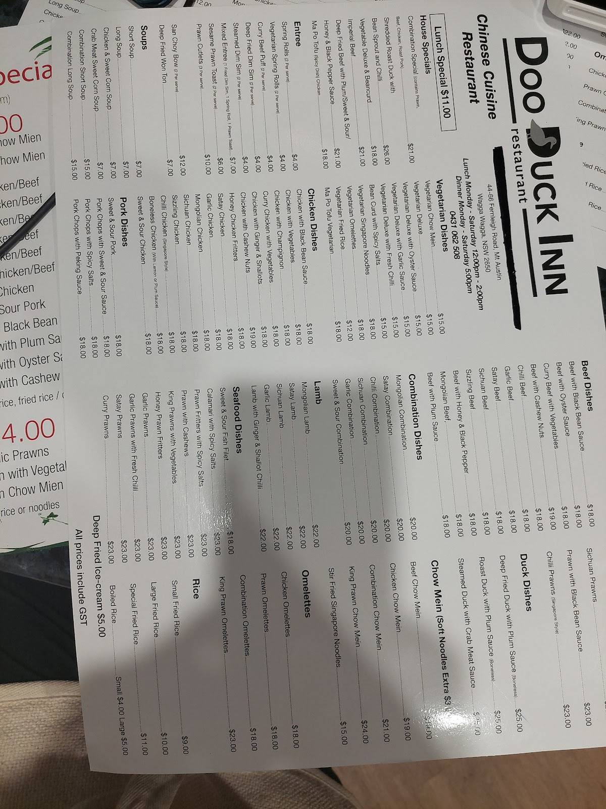Menu at Doo Duck Inn restaurant, Wagga Wagga, Shop 1/44-66 Fernleigh Rd