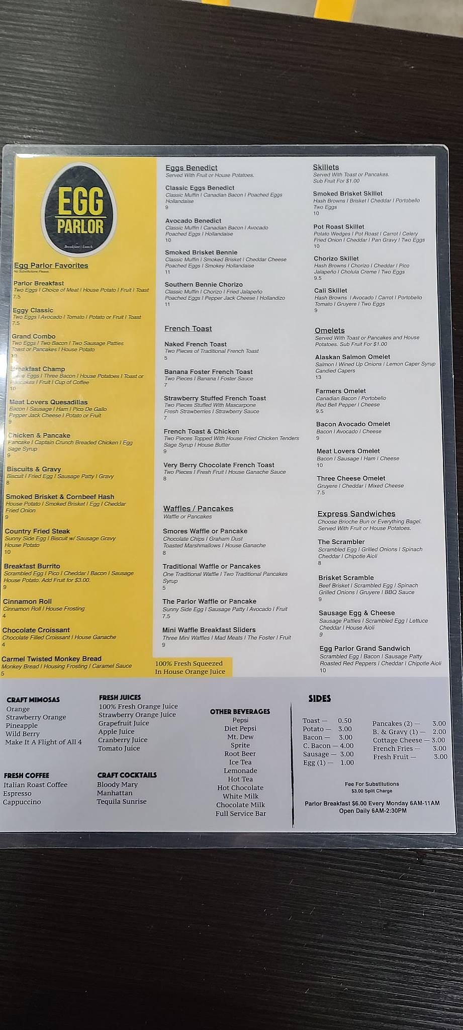Menu at Egg Parlor restaurant, Silvis