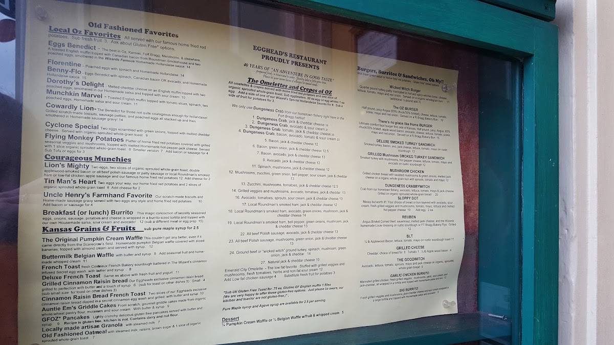 Menu at Egghead's Restaurant, Fort Bragg