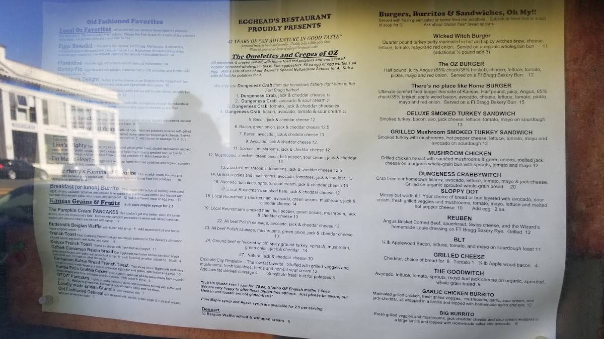 Menu at Egghead's Restaurant, Fort Bragg
