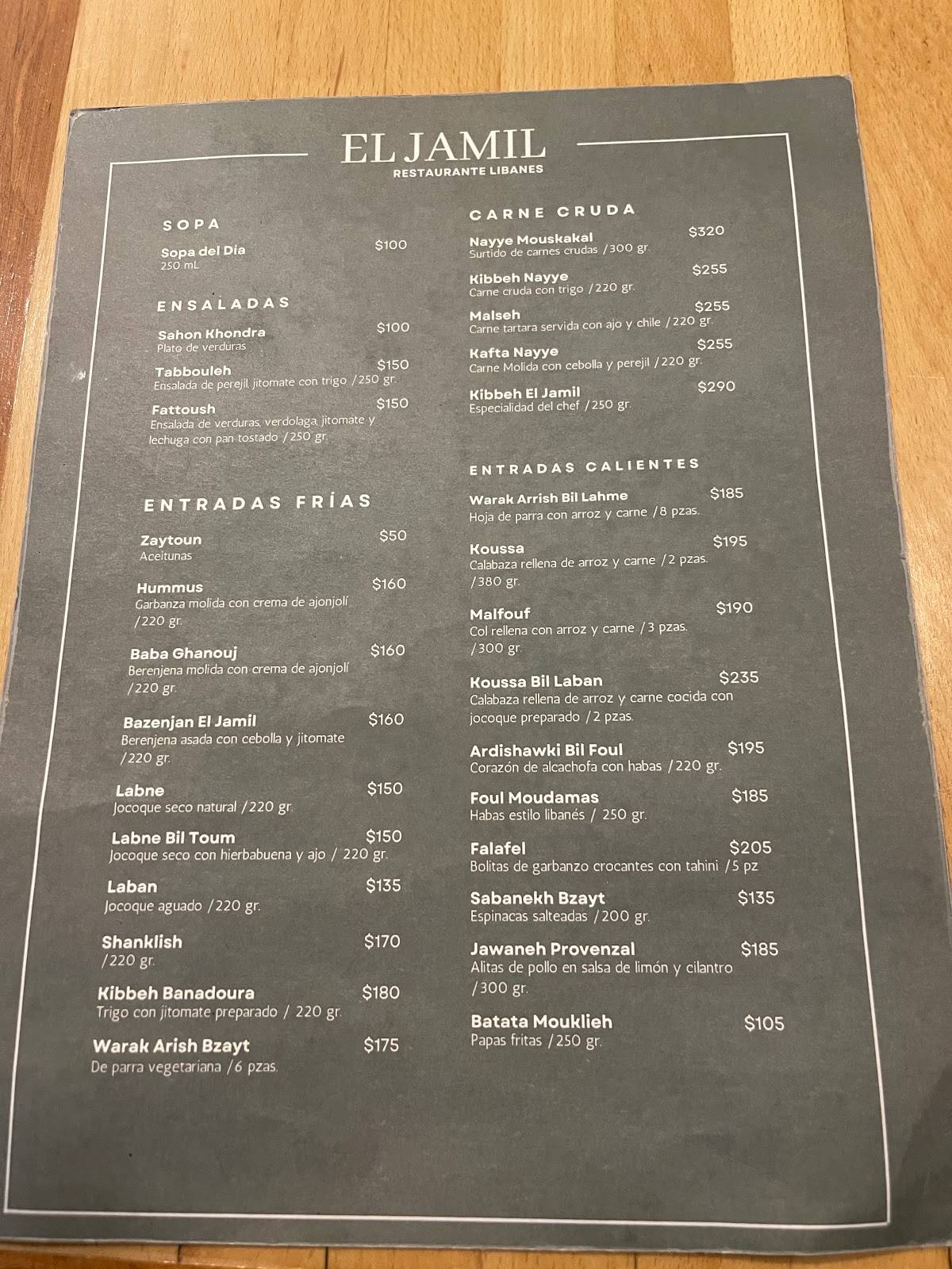 Carta del restaurante El Jamil, Ciudad López Mateos