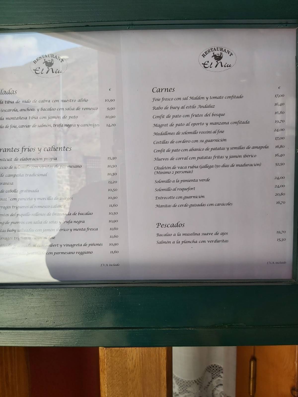 Carta de Restaurant El Niu, Escunhau