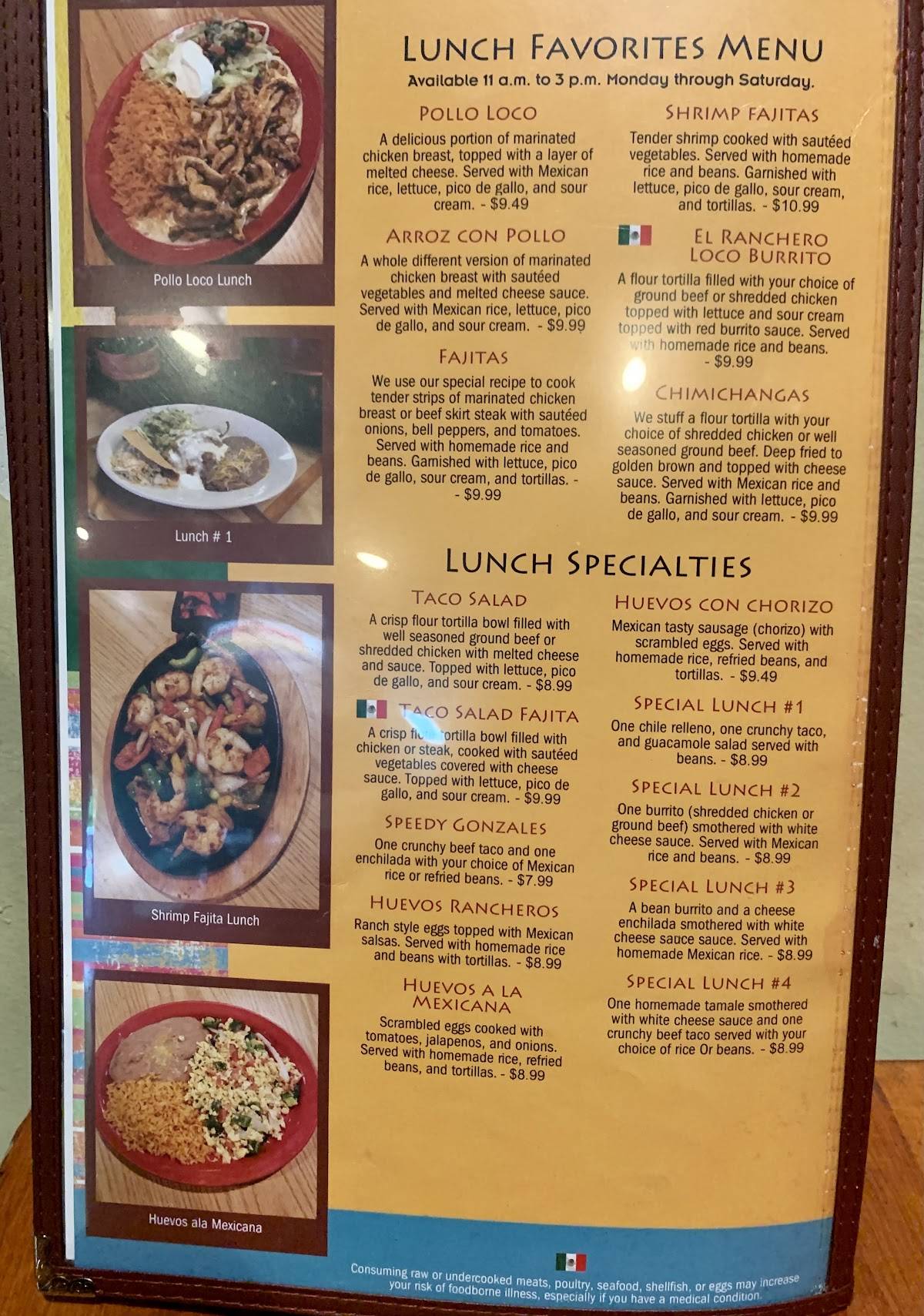 Menu at El Ranchero Loco restaurant, Pigeon Forge