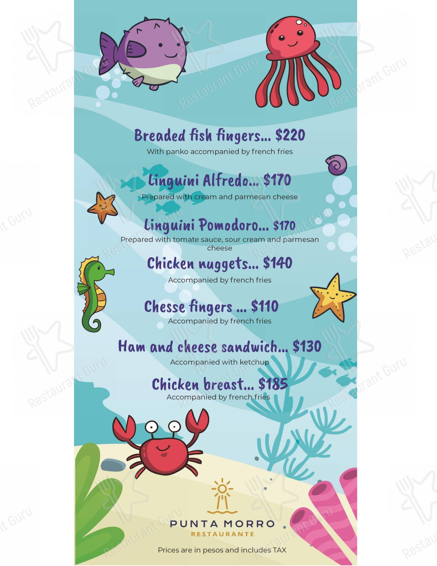 Carta de El Restaurante en Punta Morro, Ensenada