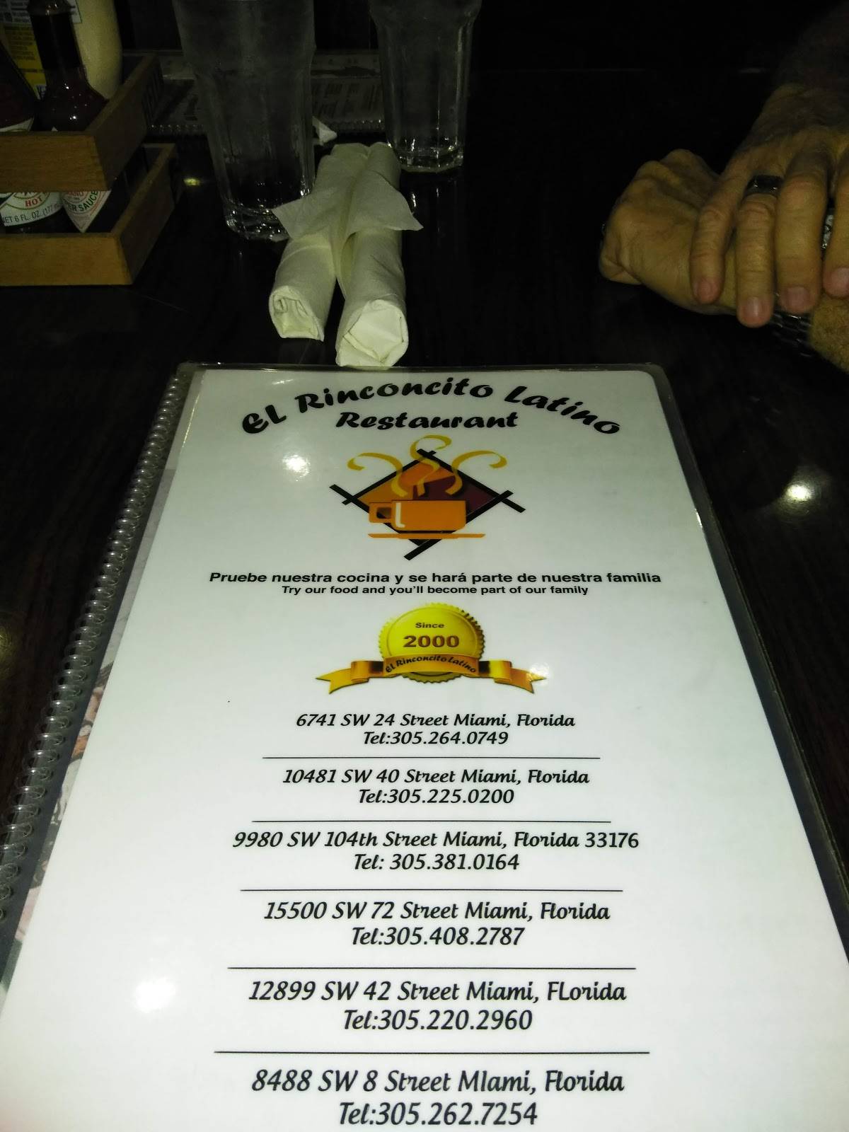 Menu at El Rinconcito Latino Coral Way restaurant, Miami, SW 24th St