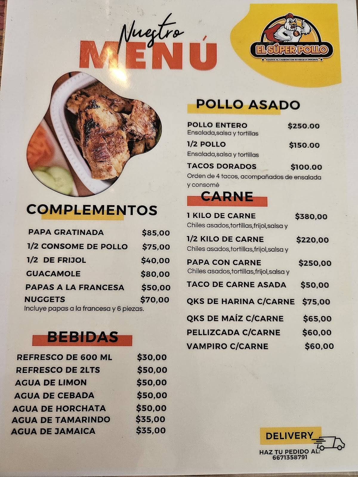 Carta del restaurante El súper pollo, Culiacán Rosales
