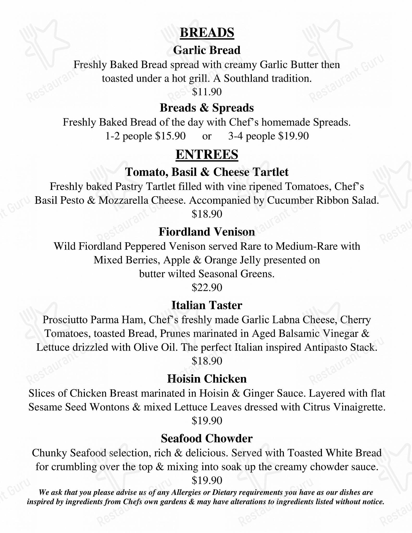 Menu at Elegance at 148 on Elles Restaurant, Invercargill