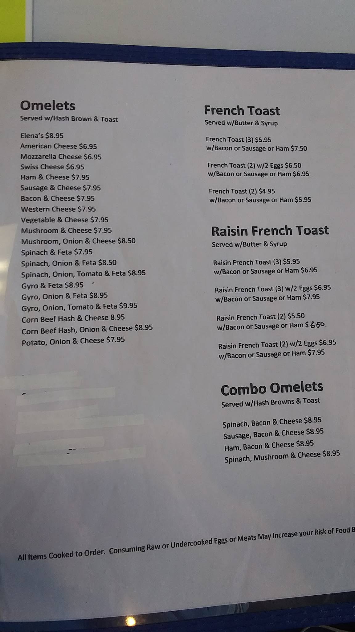 Menu at Elena's Restaurant, Punta Gorda