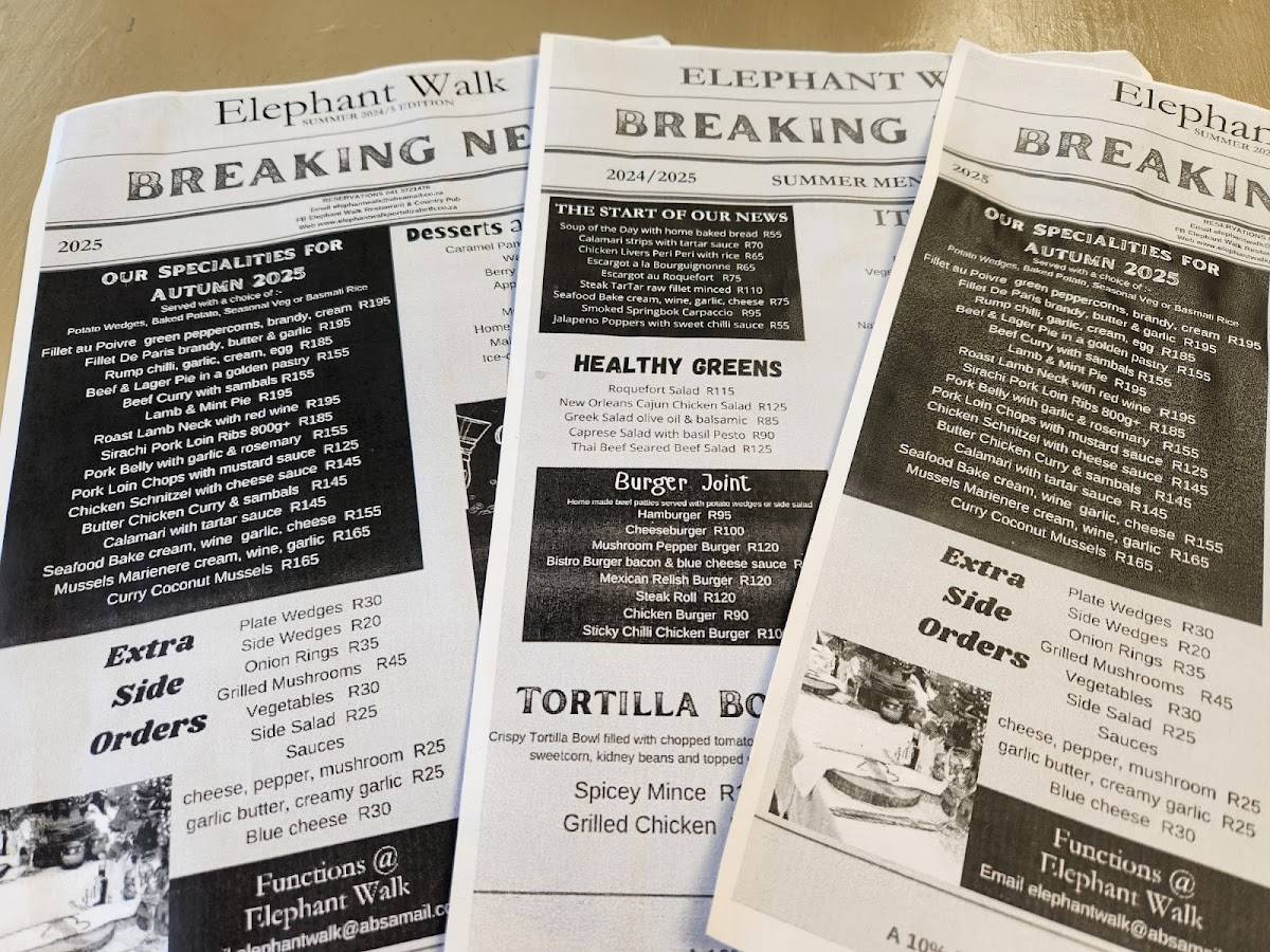 Menu at Elephant Walk Restaurant & Chalets, Port Elizabeth