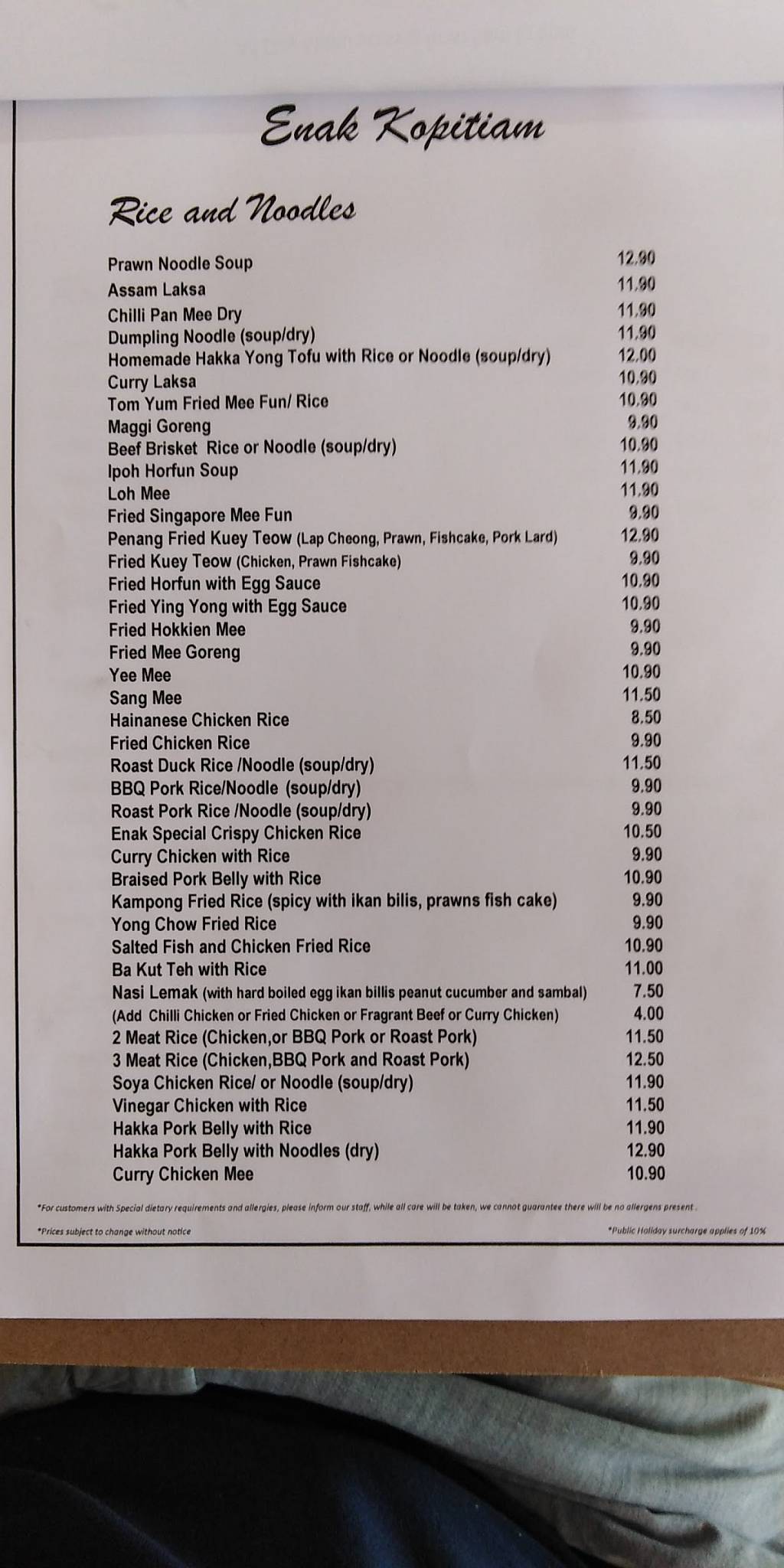 Menu at Enak Kopitiam restaurant, Willetton, shop 11/61 Apsley Rd