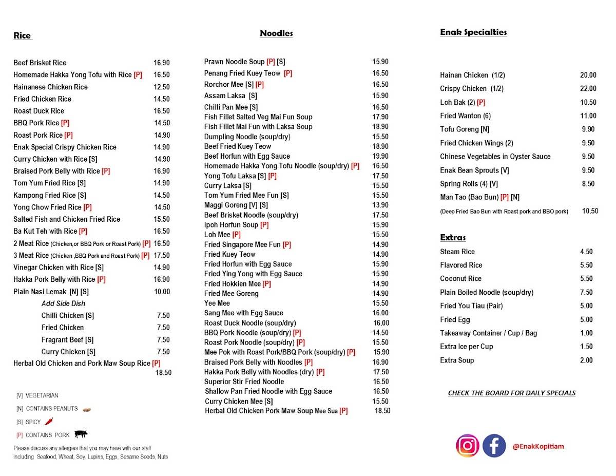 Menu at Enak Kopitiam restaurant, Willetton, shop 11/61 Apsley Rd