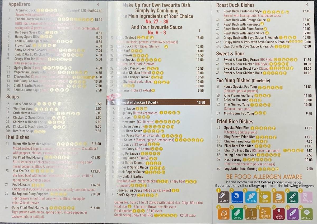 Menu at Enfield Chinese Restaurant, Ireland