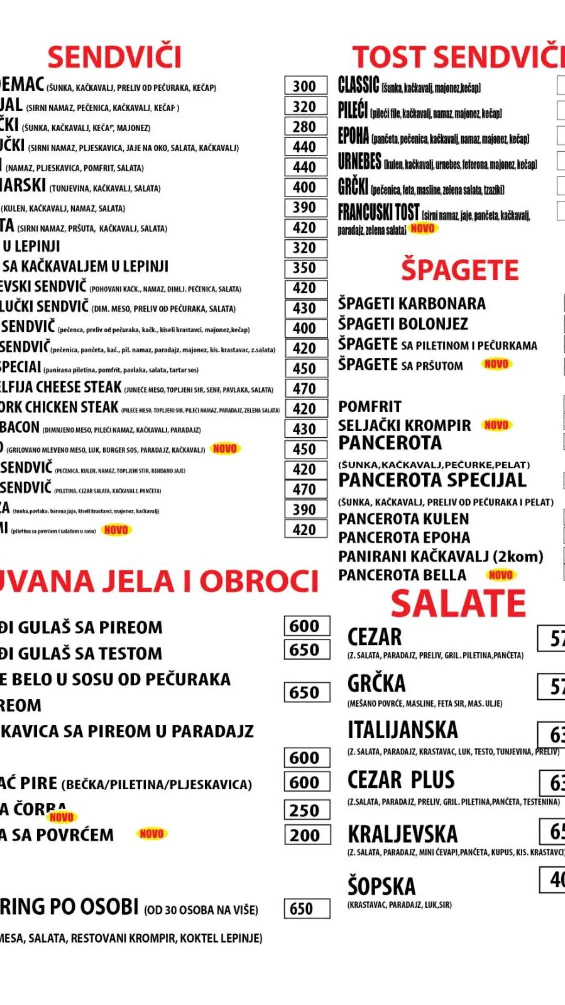 Menu at Epoha restaurant, Vršac