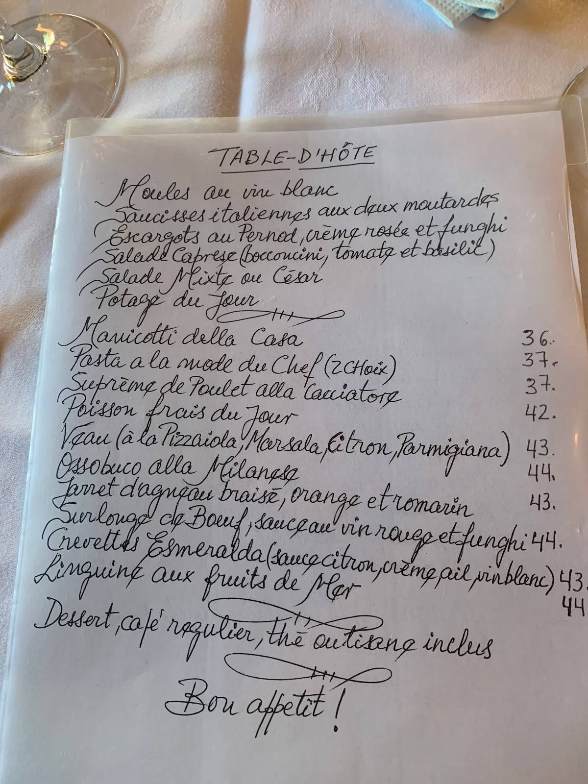 Menu au Restaurant Esmeralda, Sainte-Adèle