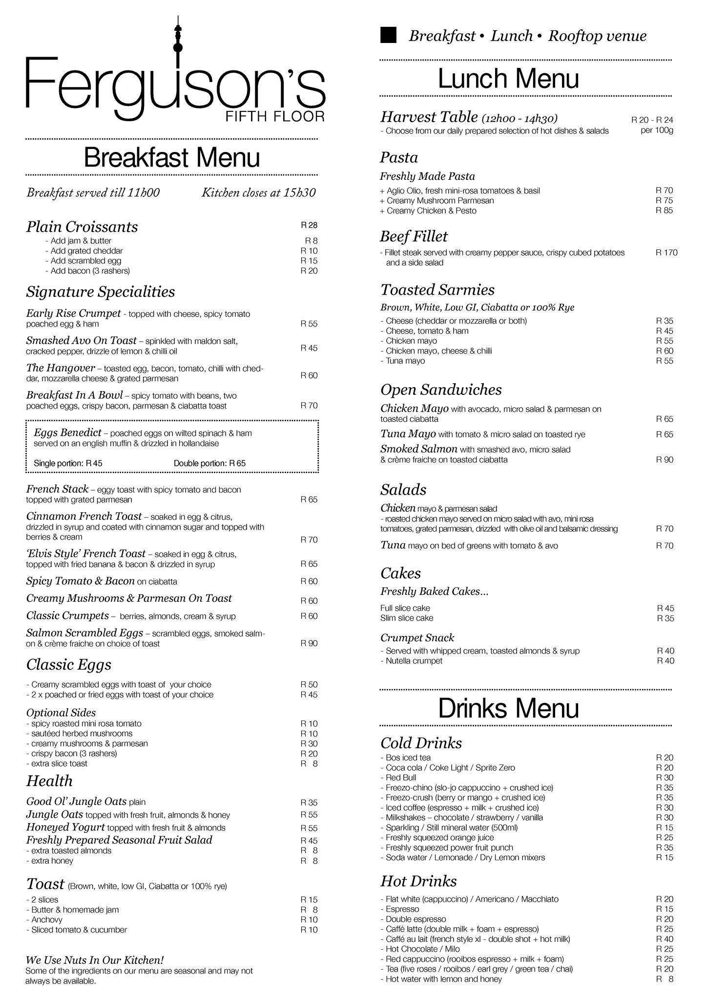 Menu at Ferguson's 5th Floor restaurant, Sandton
