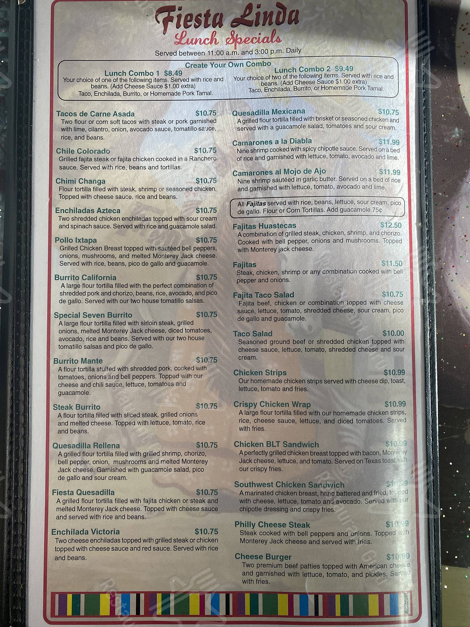 Menu at Fiesta Linda Mexican Restaurant, Bastrop