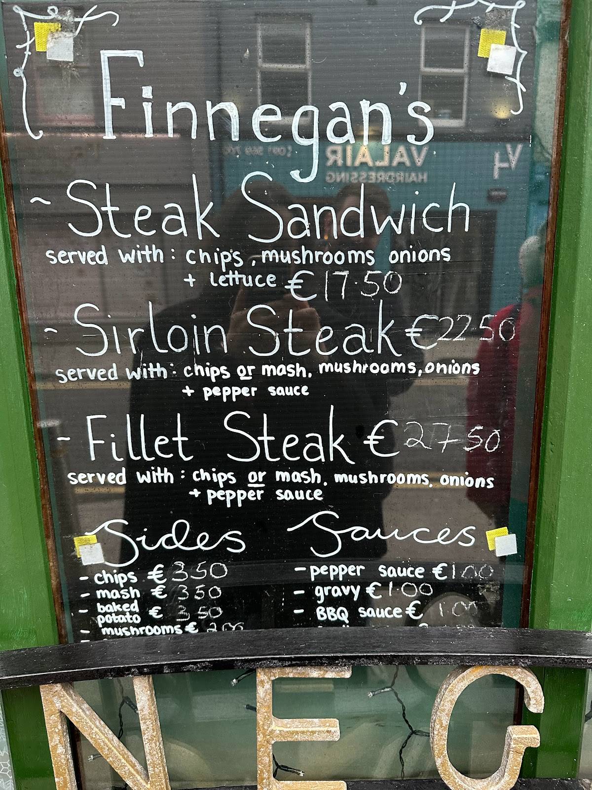 Menu at Finnegans restaurant, Galway