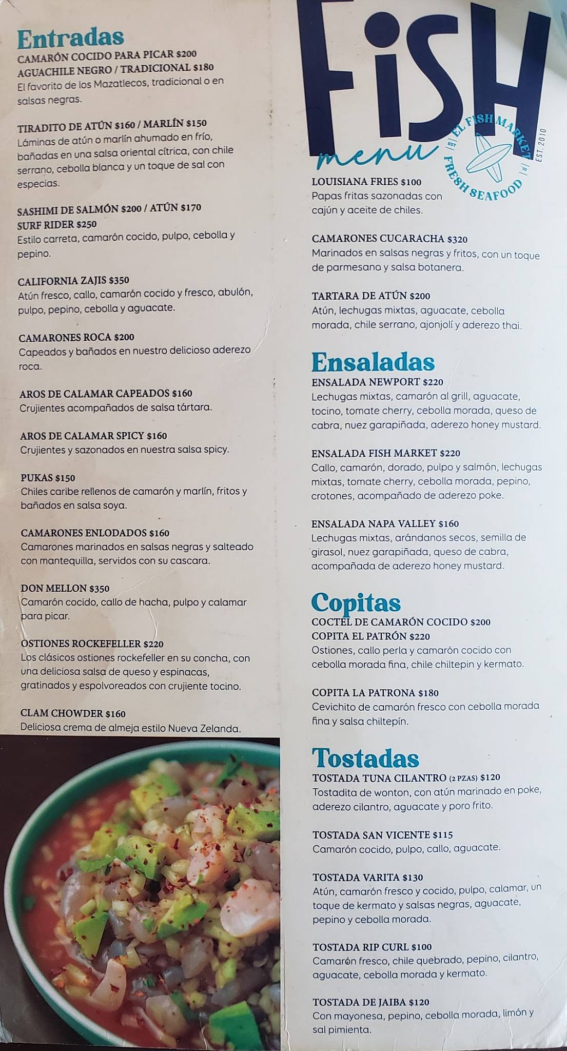 Menu at Fish Market Seafood Restaurant, Mazatlán, Sinaloa 1504 A