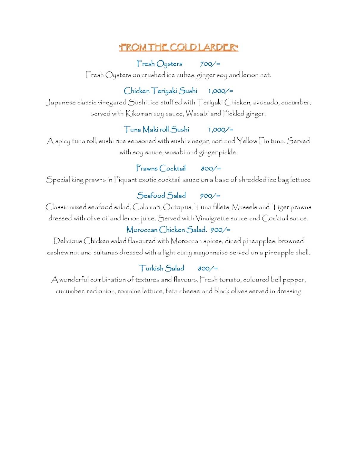 Menu at Floating Island Restaurant, Mombasa