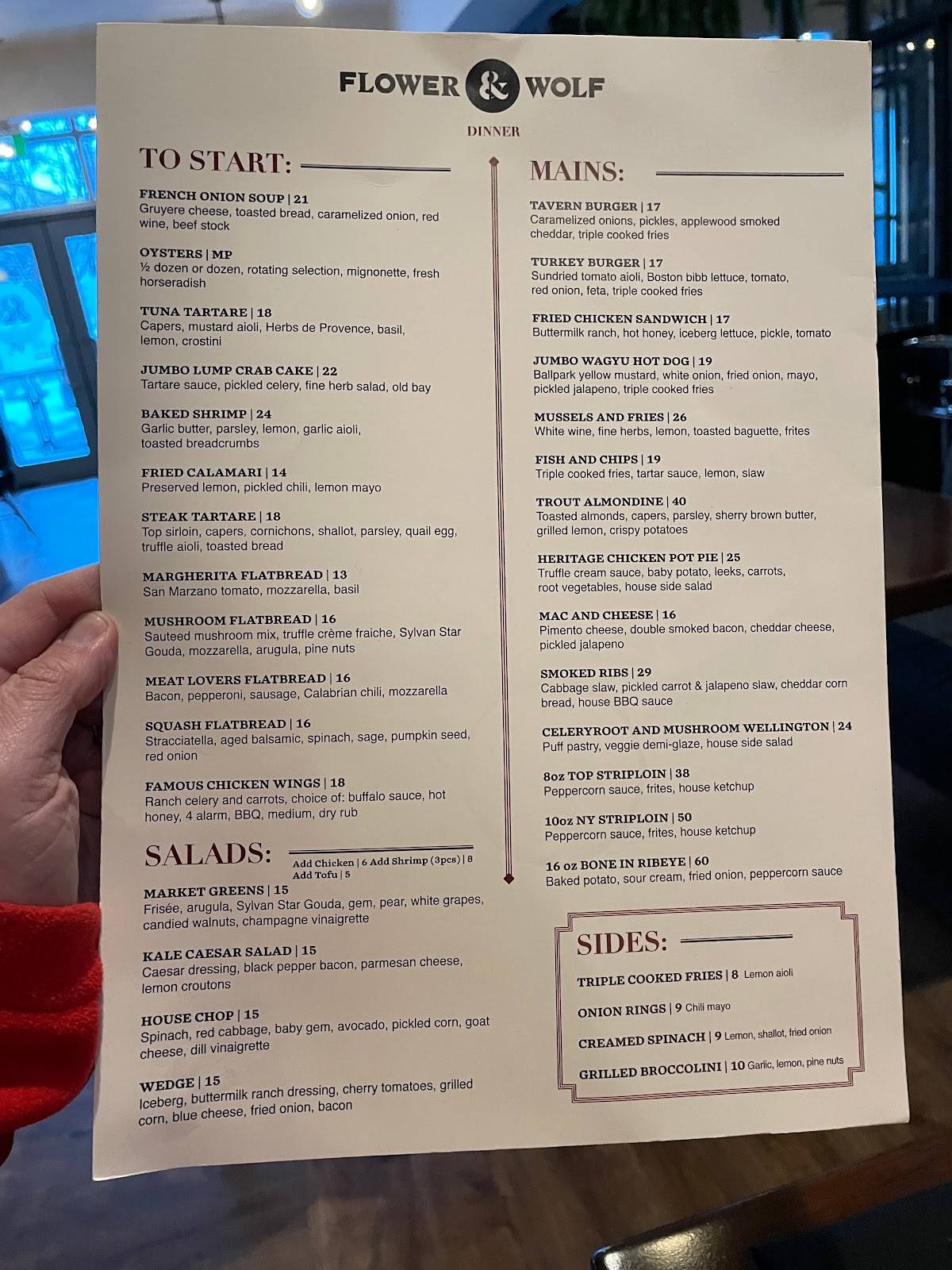 Menu at Flower and Wolf Calgary restaurant, Calgary