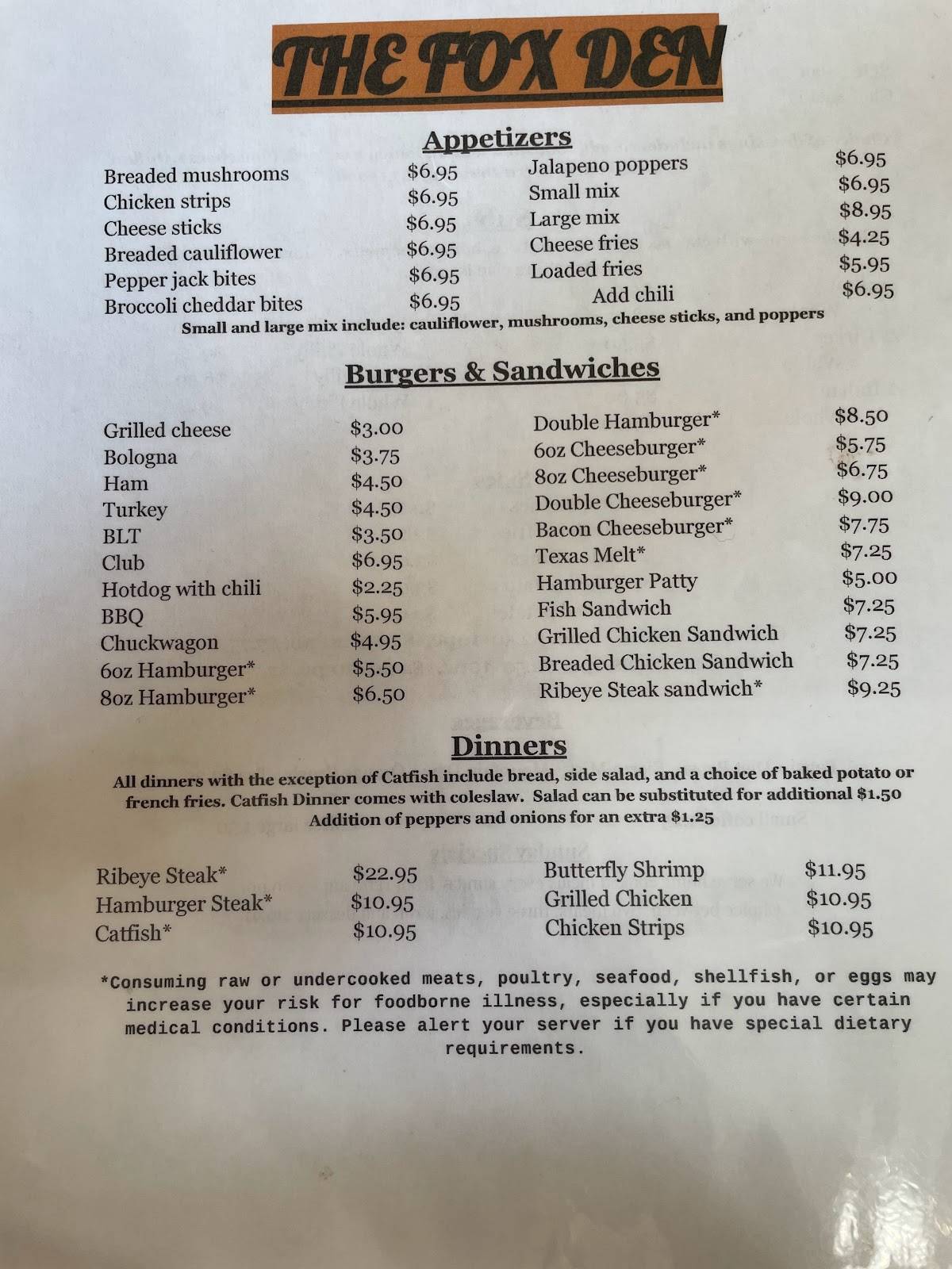 Menu at Fox Den restaurant, Del Rio, 790 TN-107