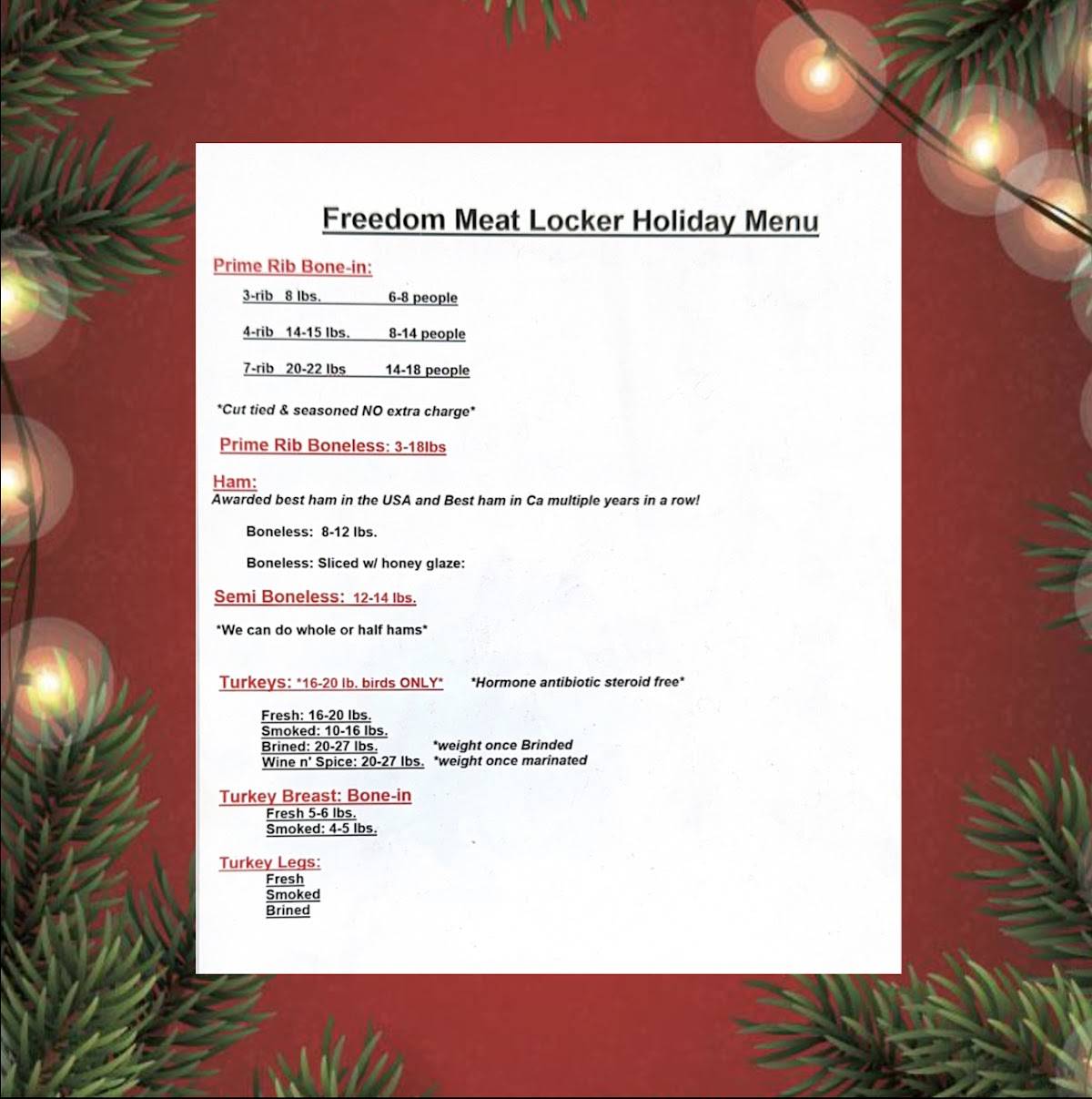 Menu at Freedom Meat Lockers restaurant, Freedom
