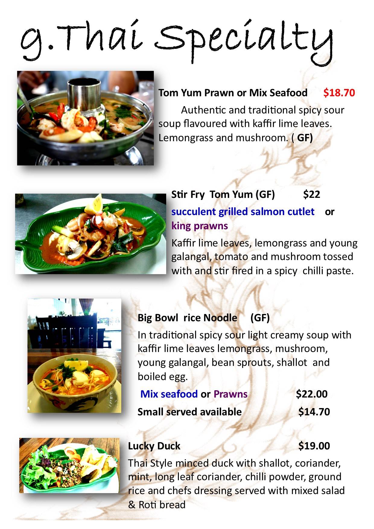 Menu at G.Thai Restaurant (ก.เจริญสุข), Wagga Wagga