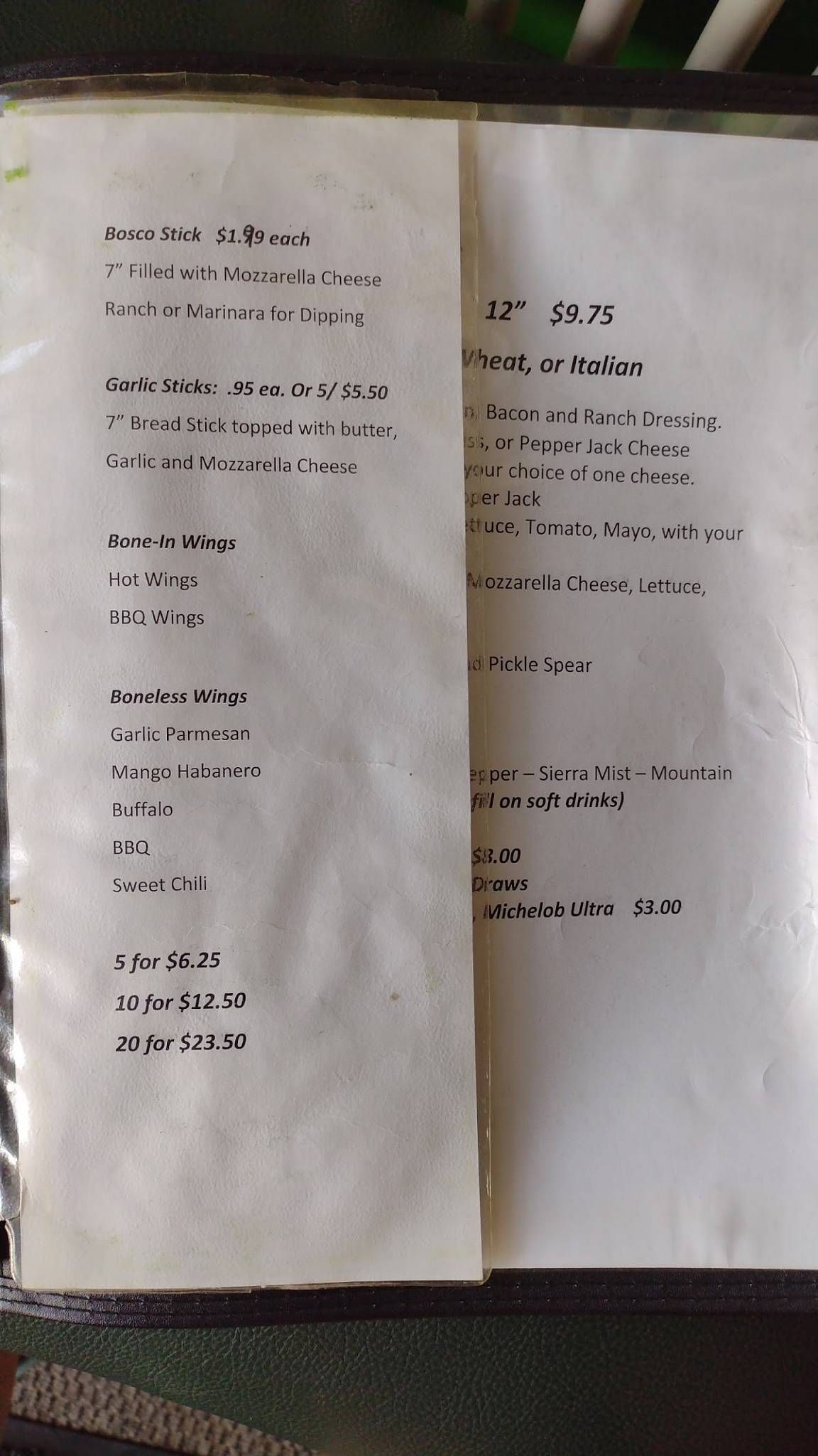 Menu at Gaps restaurant, Vassar