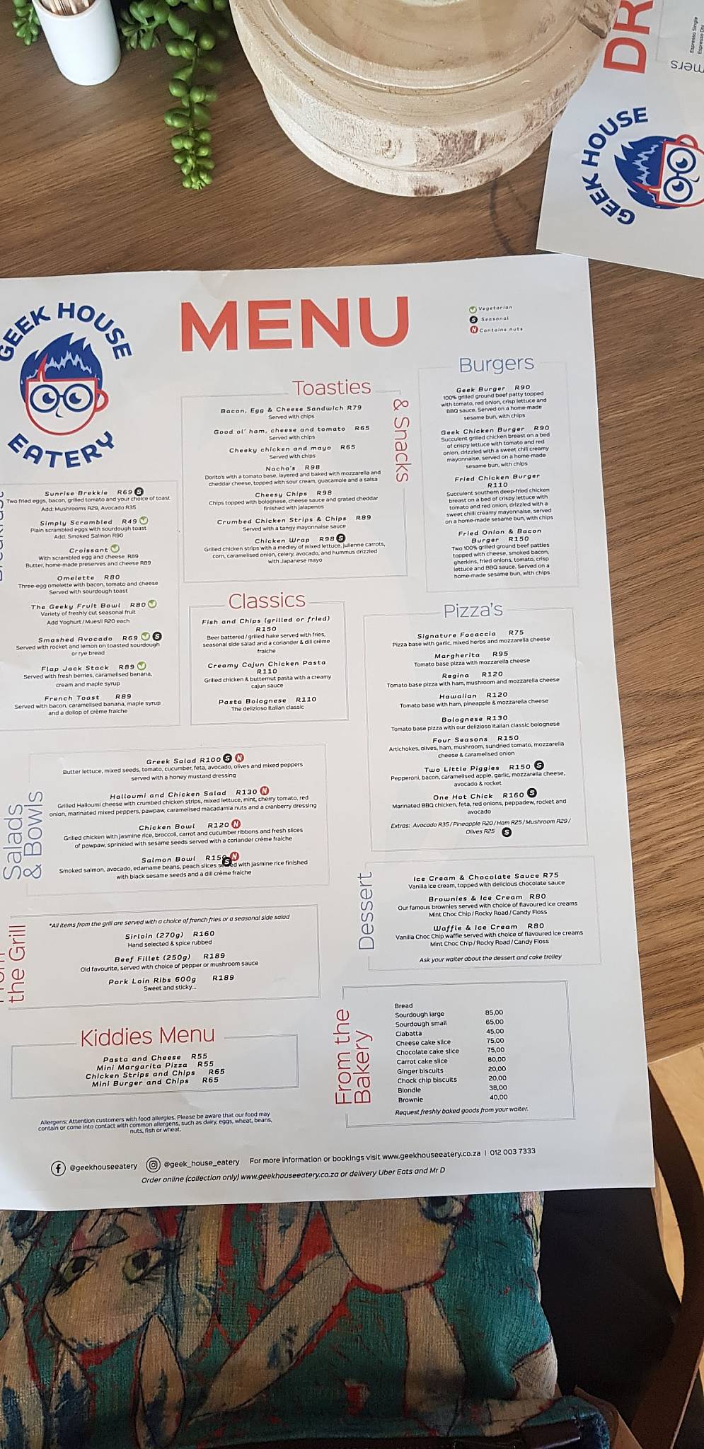 Menu au Geek House Eatery restaurant, Pretoria