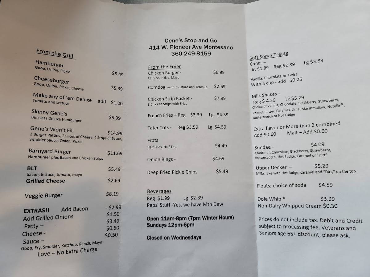Menu at Gene's Stop and Go restaurant, Montesano