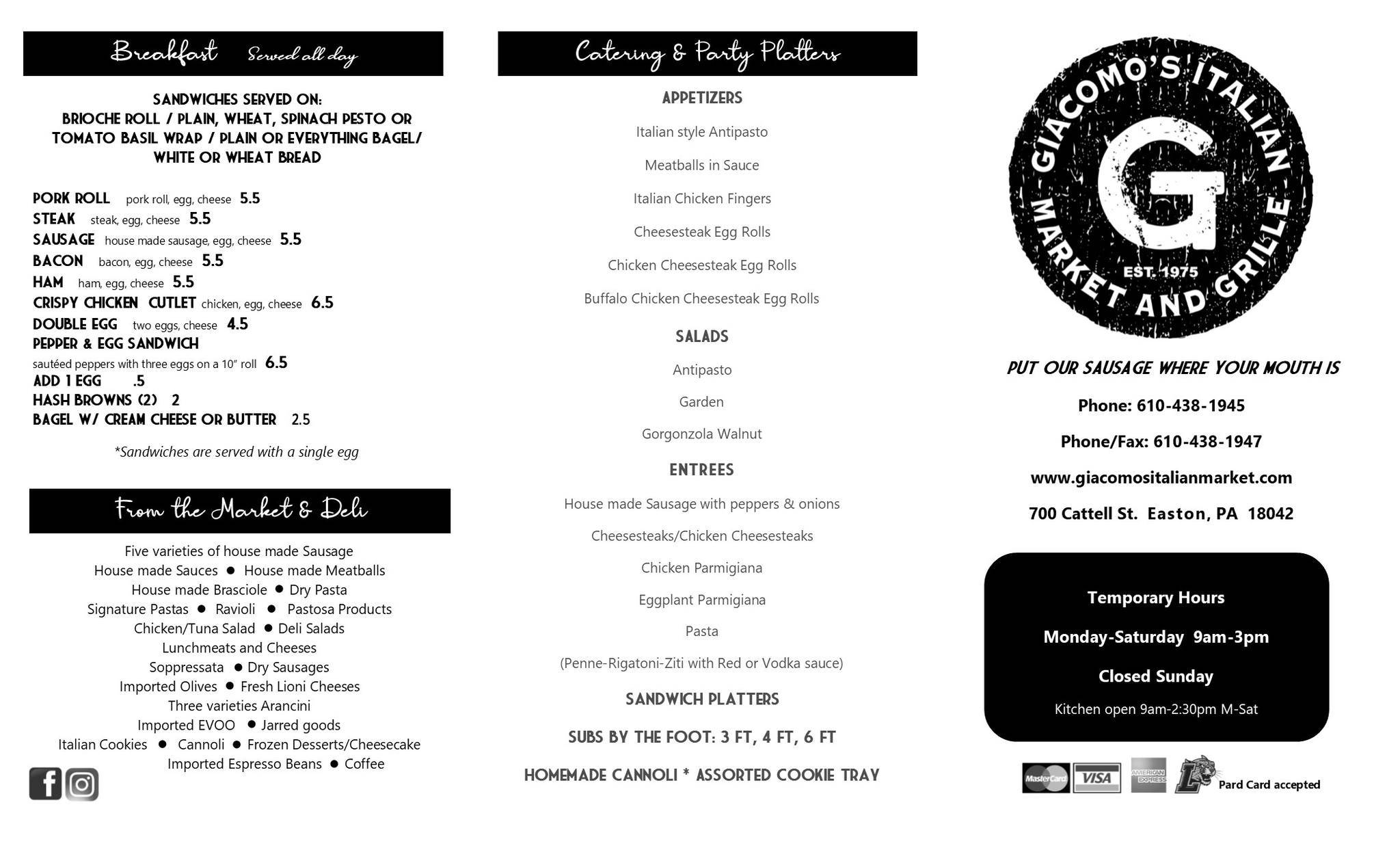 Menu at Giacomo's Italian Market and Grille restaurant, Easton