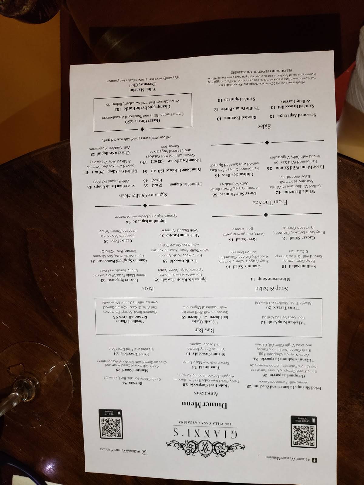 Menu at Gianni's At The Former Versace Mansion restaurant, Miami Beach