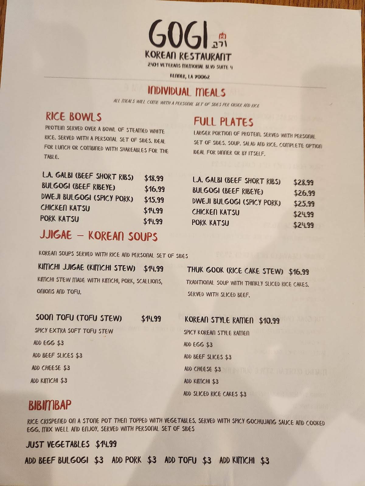Carta de Gogi Korean Restaurant, Kenner, Veterans Memorial Blvd