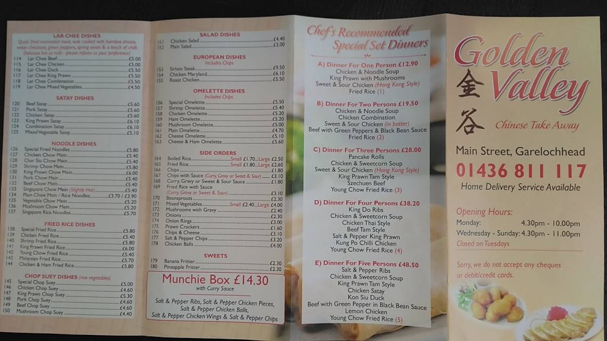 Menu at Golden Valley Chinese Takeaway restaurant, Garelochhead