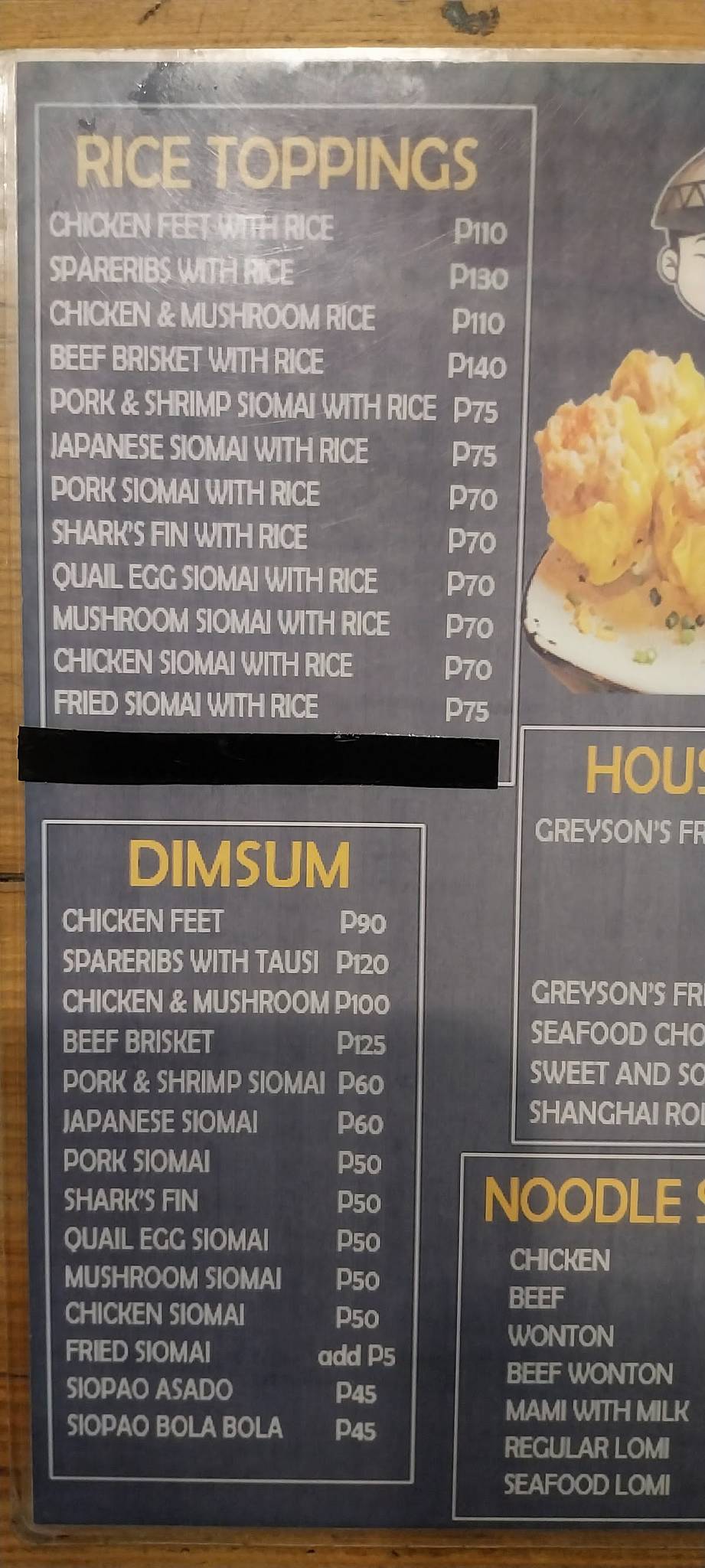 Menu at Greyson's Dimsum & Noodle House restaurant, Quezon City