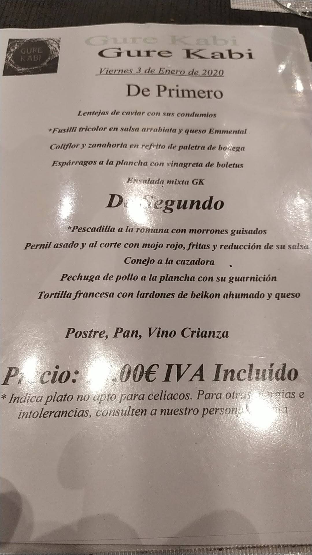 Carta del restaurante Gure Kabi jatetxea, Bilbao