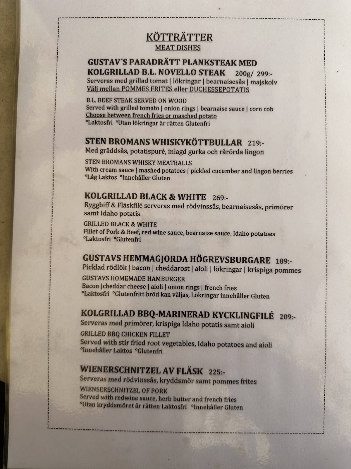 Menu at Gustav Adolf restaurant, Malmö
