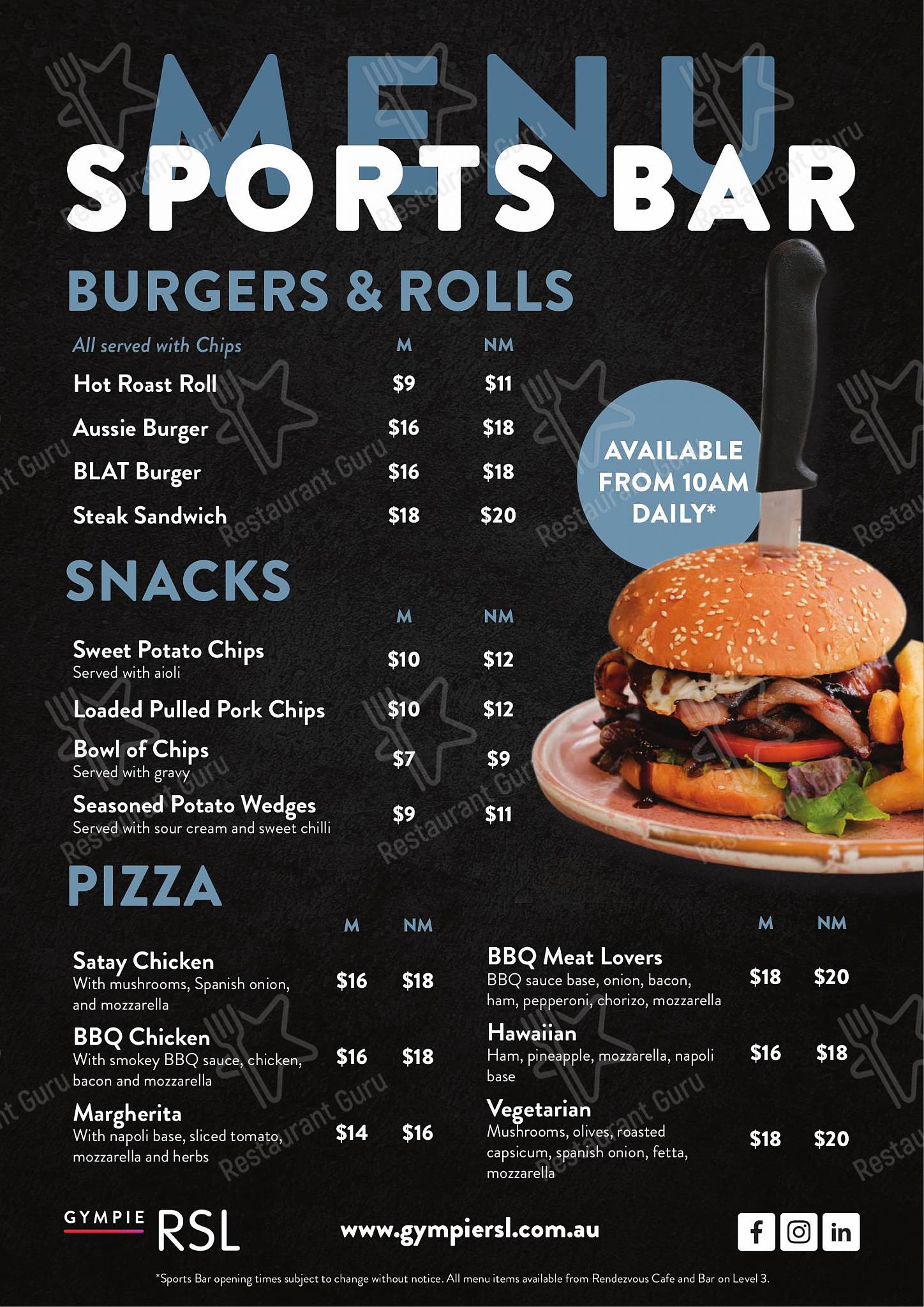 Menu at Gympie RSL Club, Gympie