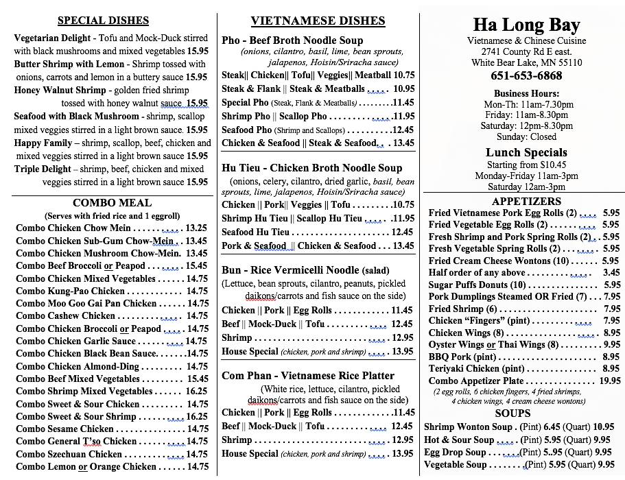 Menu at Ha Long Bay Restaurant, White Bear Lake