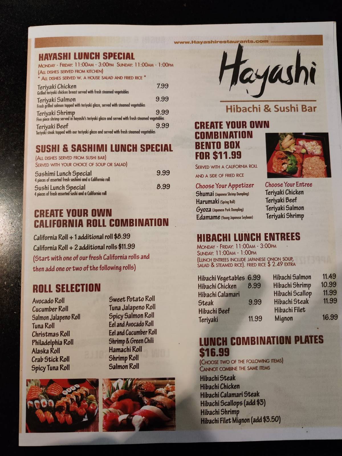 Menu at Hayashi Midtown restaurant, Lubbock, 19th St