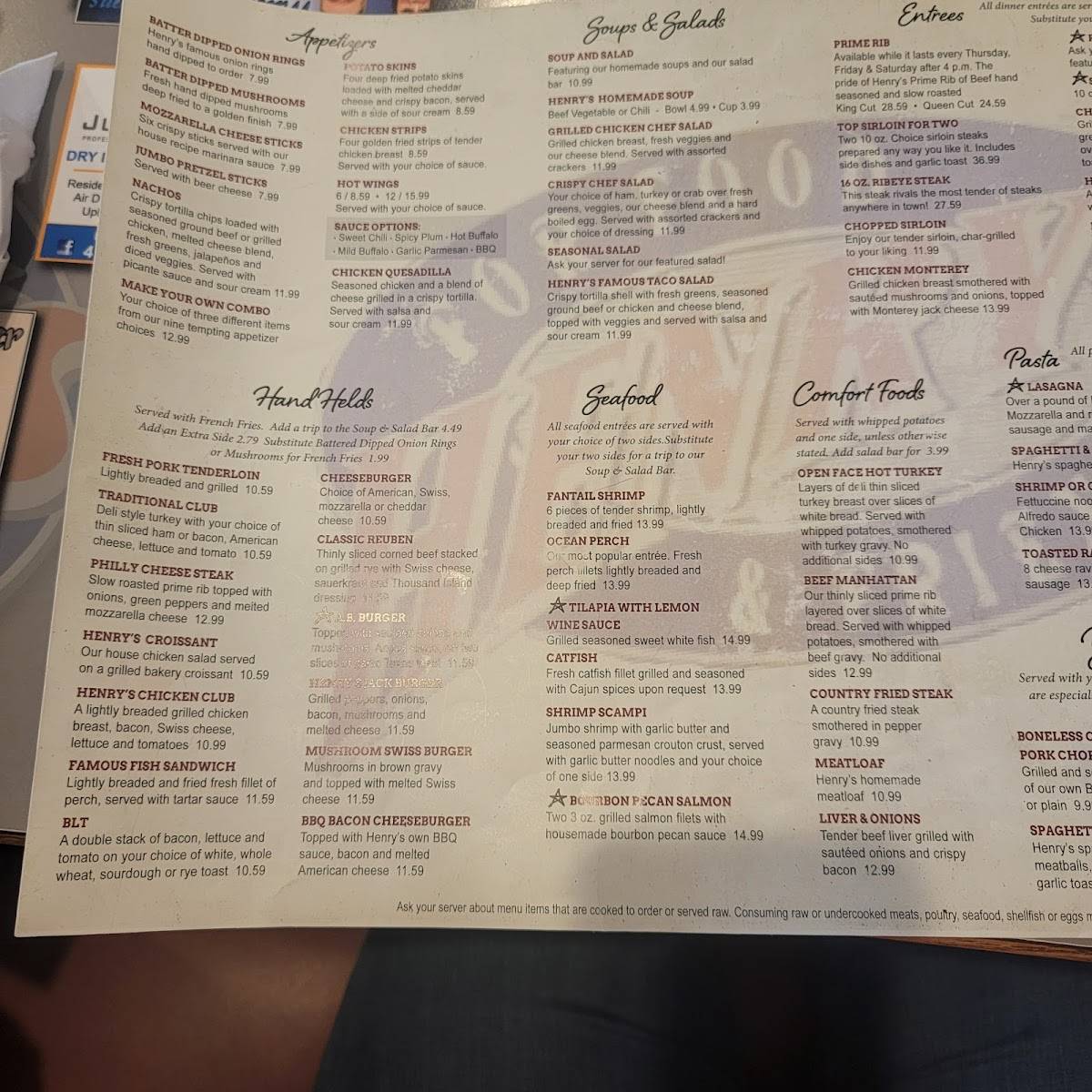 Menu at Henry's Restaurant, Ottawa