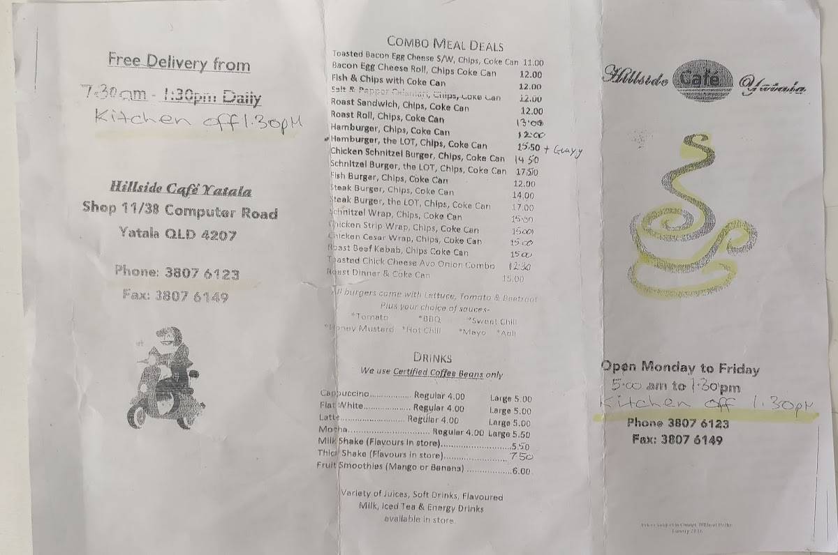 Menu at Hillside Cafe, Ormeau