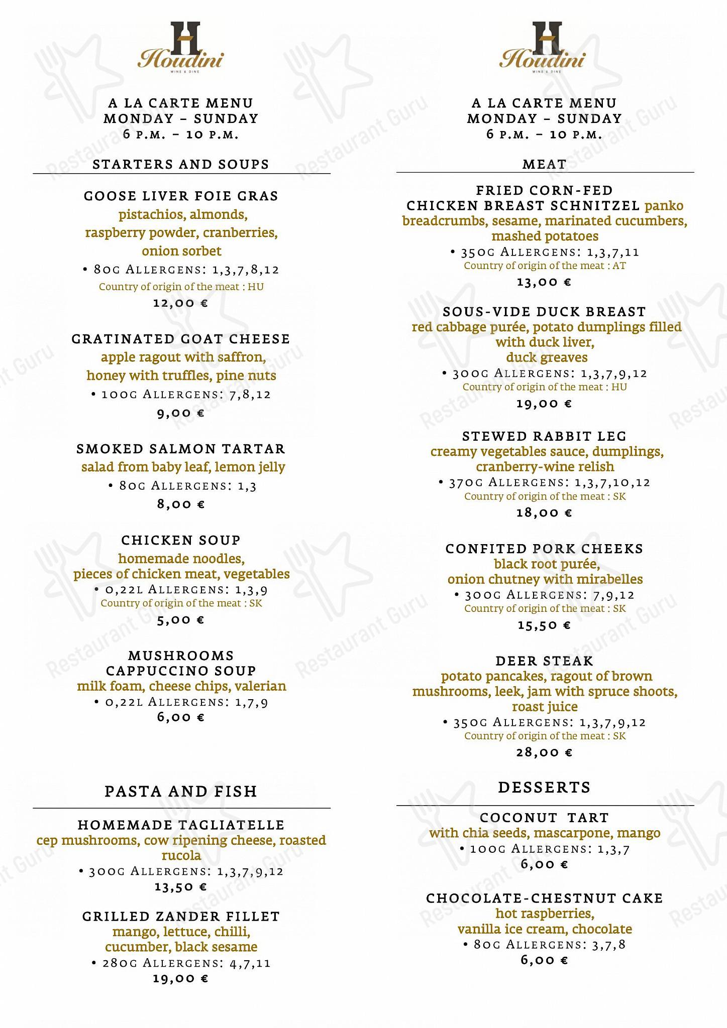 Menu at Houdini Restaurant, Bratislava