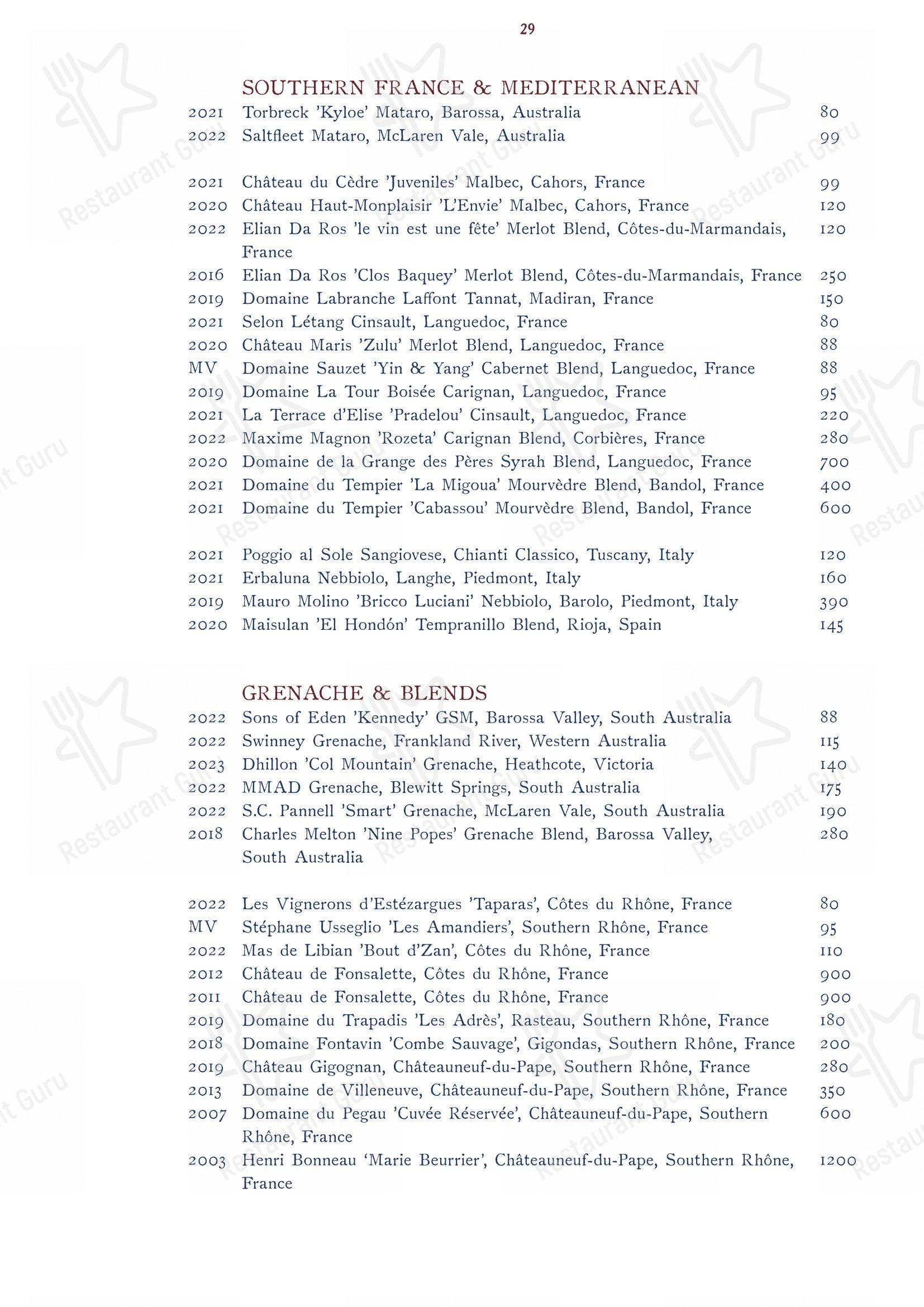 Menu at Restaurant Hubert, Sydney