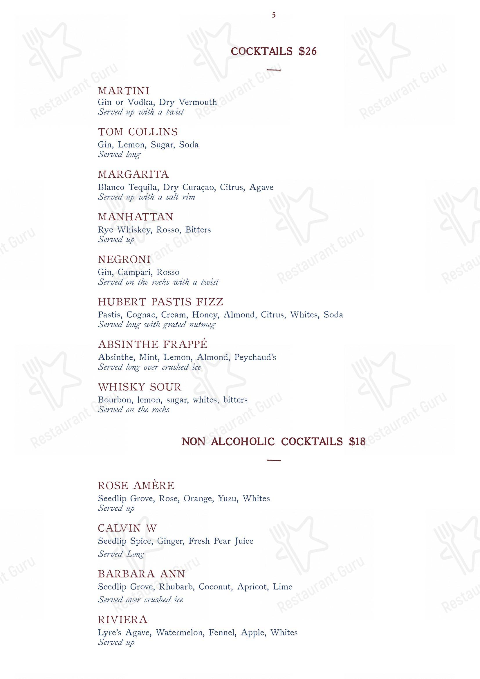Menu at Restaurant Hubert, Sydney