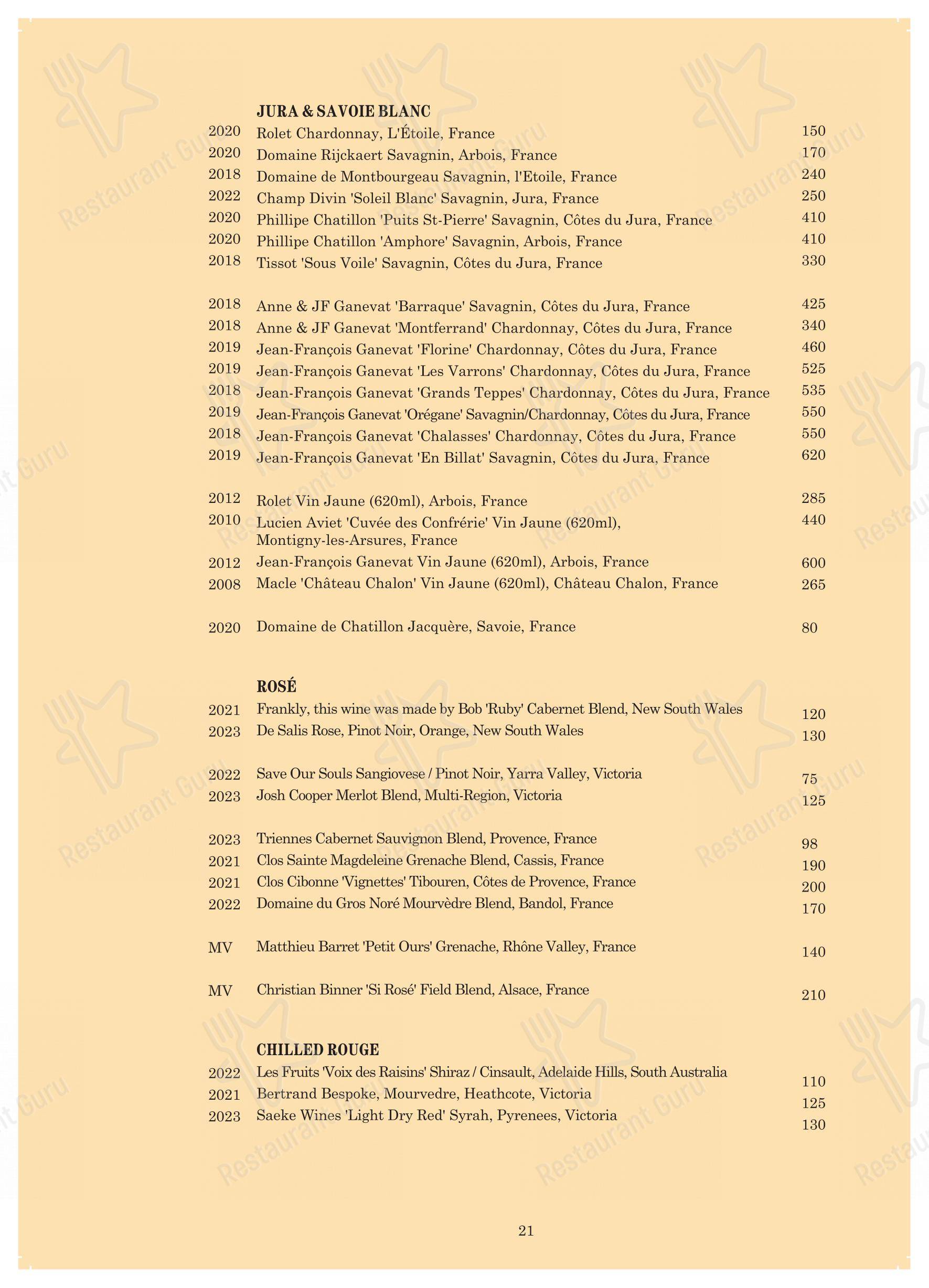 Menu at Restaurant Hubert, Sydney